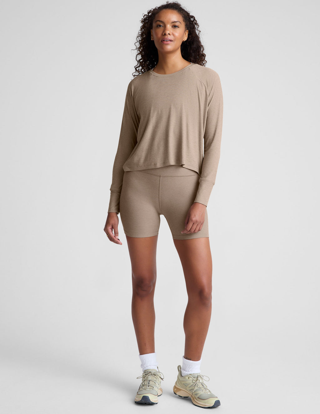 High Waisted 5" Spacedye Biker Shorts - Birch Heather | Beyond Yoga